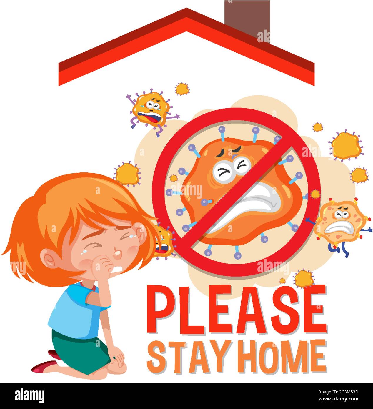 Please Stay Home banner with children and no virus sign illustration ...
