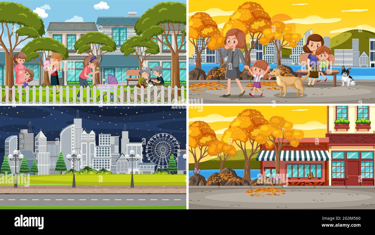 Set of different nature scenes background in cartoon style illustration ...