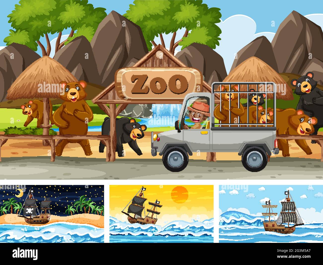 Set of different scenes with pirate ship at the sea and animals in the ...