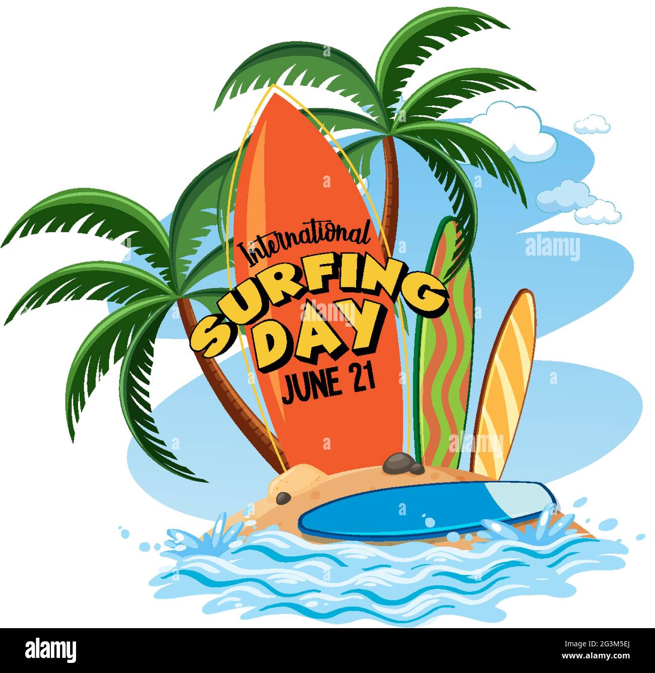 International Surfing Day banner with surfboard on the island isolated ...