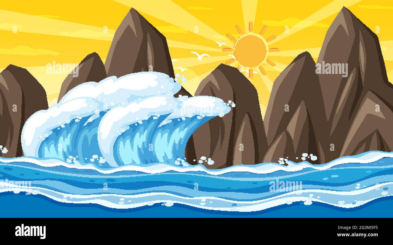 Beach landscape at sunset scene with ocean wave illustration Stock ...