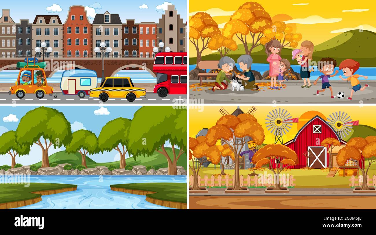 Set of different nature scenes background in cartoon style illustration ...