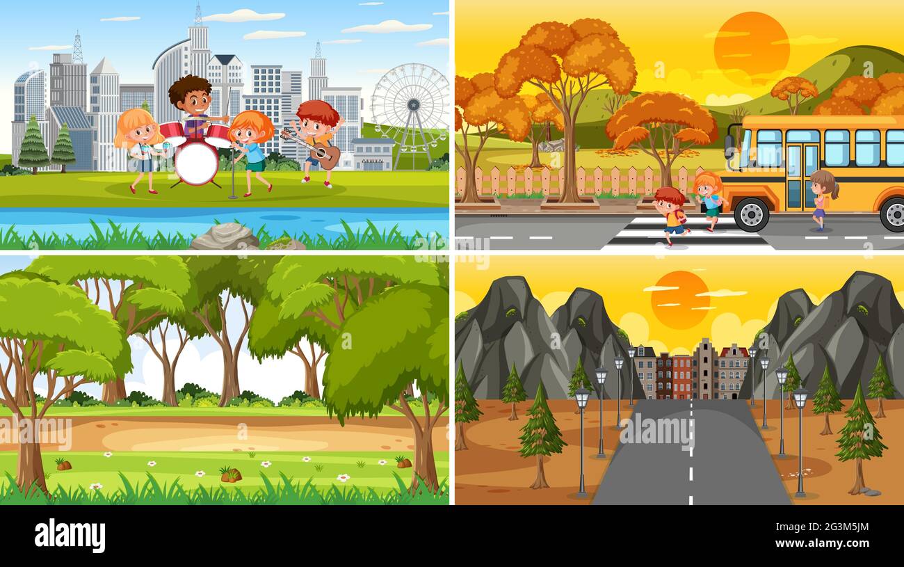 Set of different nature scenes background in cartoon style illustration ...