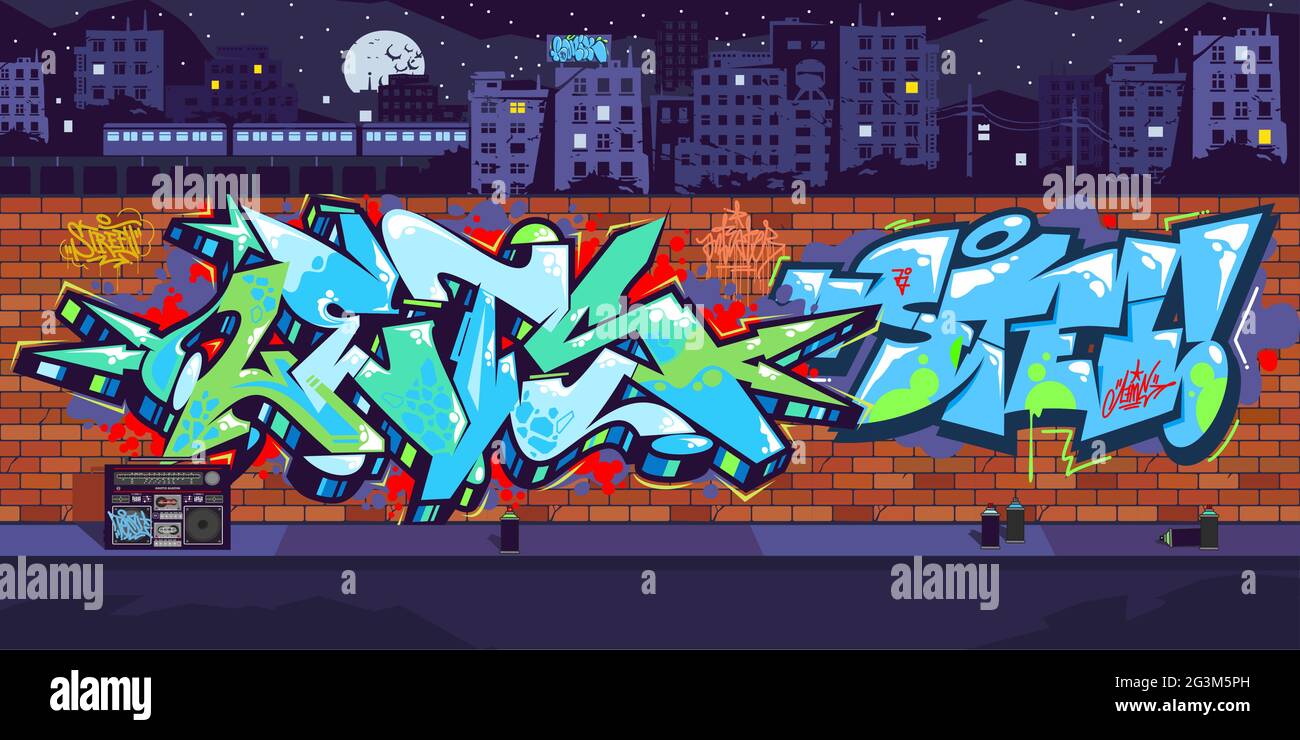 Outdoor Urban Graffiti Wall With Drawings At Night Against The ...
