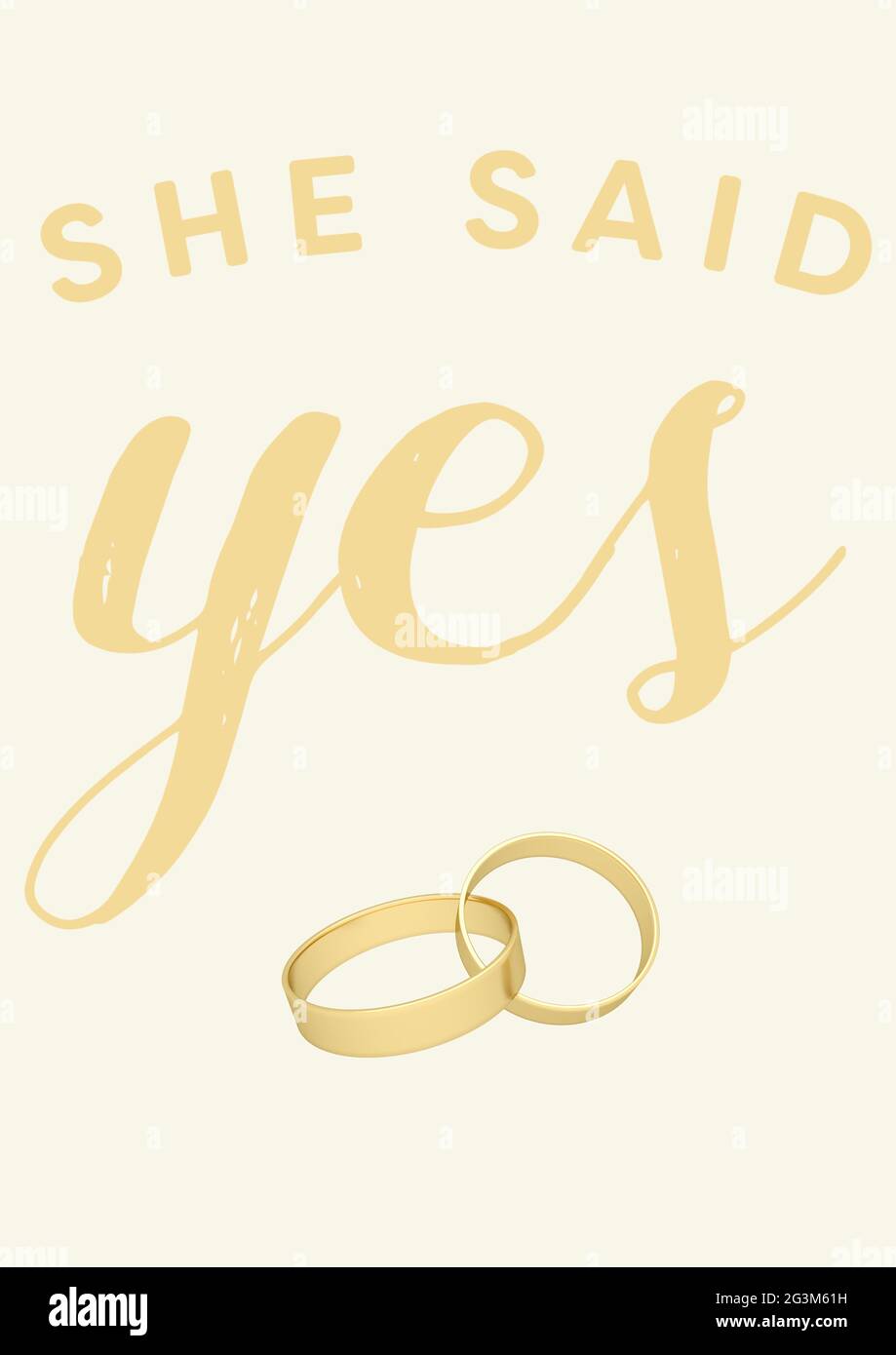 Composition of she said yes text with two gold wedding bands on yellow ...