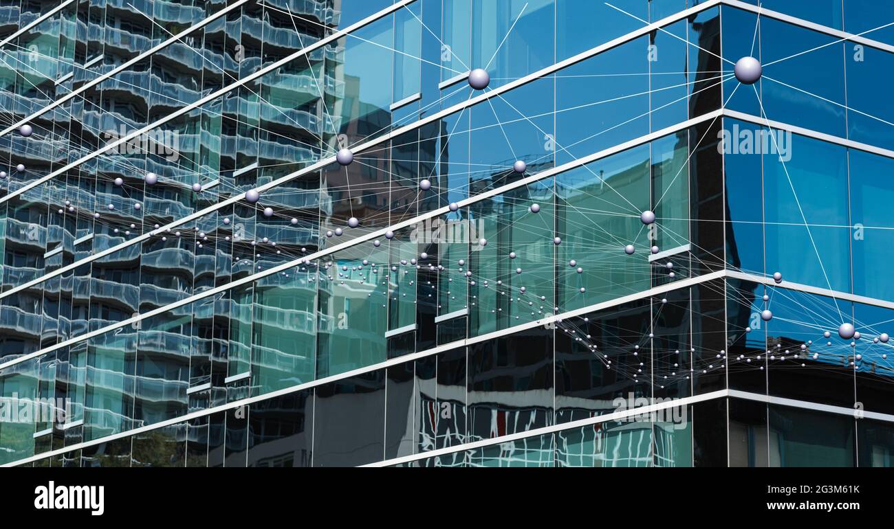 Network of connections against view of tall buildings in background ...
