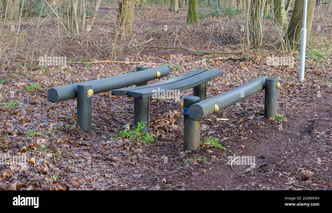 Fitness equipment in a forest - One stage of many Stock Photo - Alamy