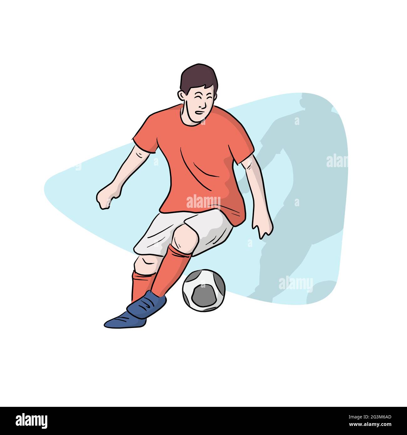 male soccer player with orange jersey shirt playing football hand drawn ...