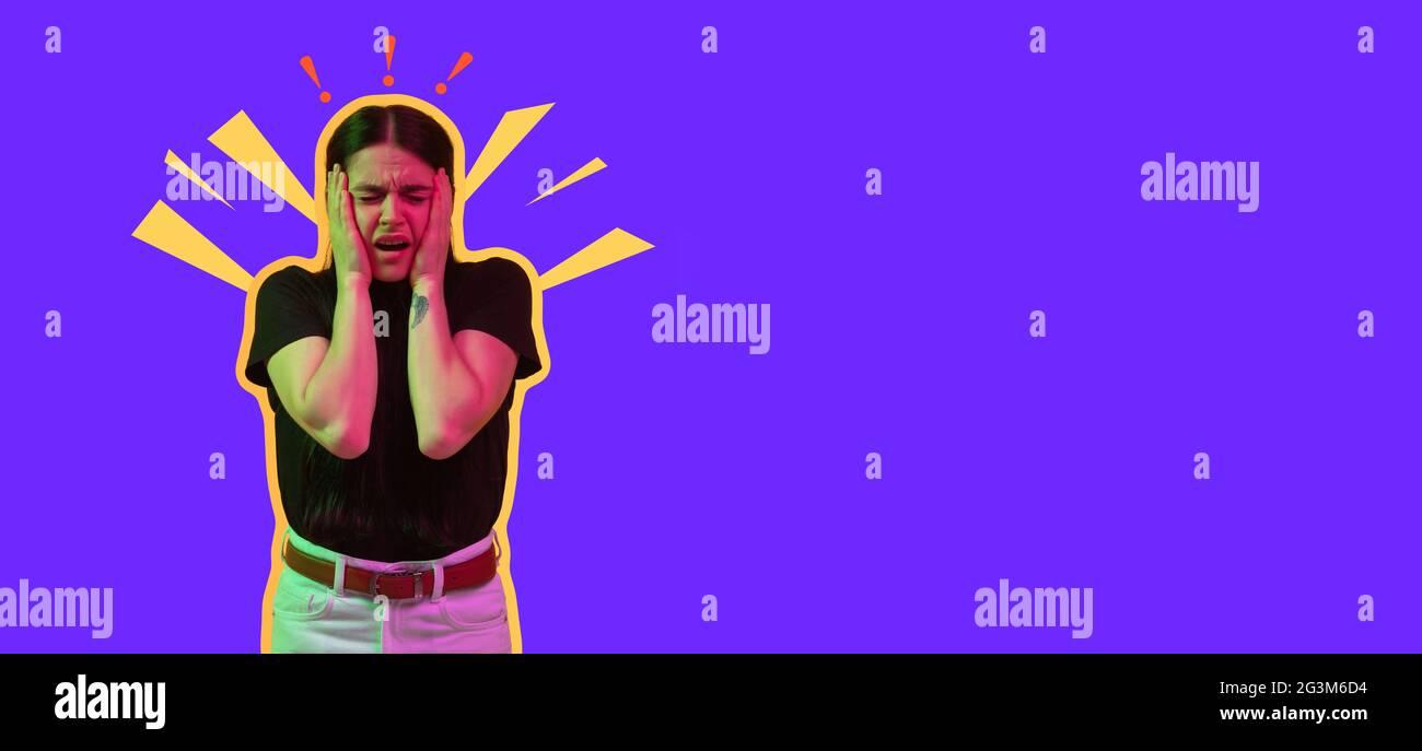 Screaming, hate, rage. Crying emotional angry woman screaming on neon ...