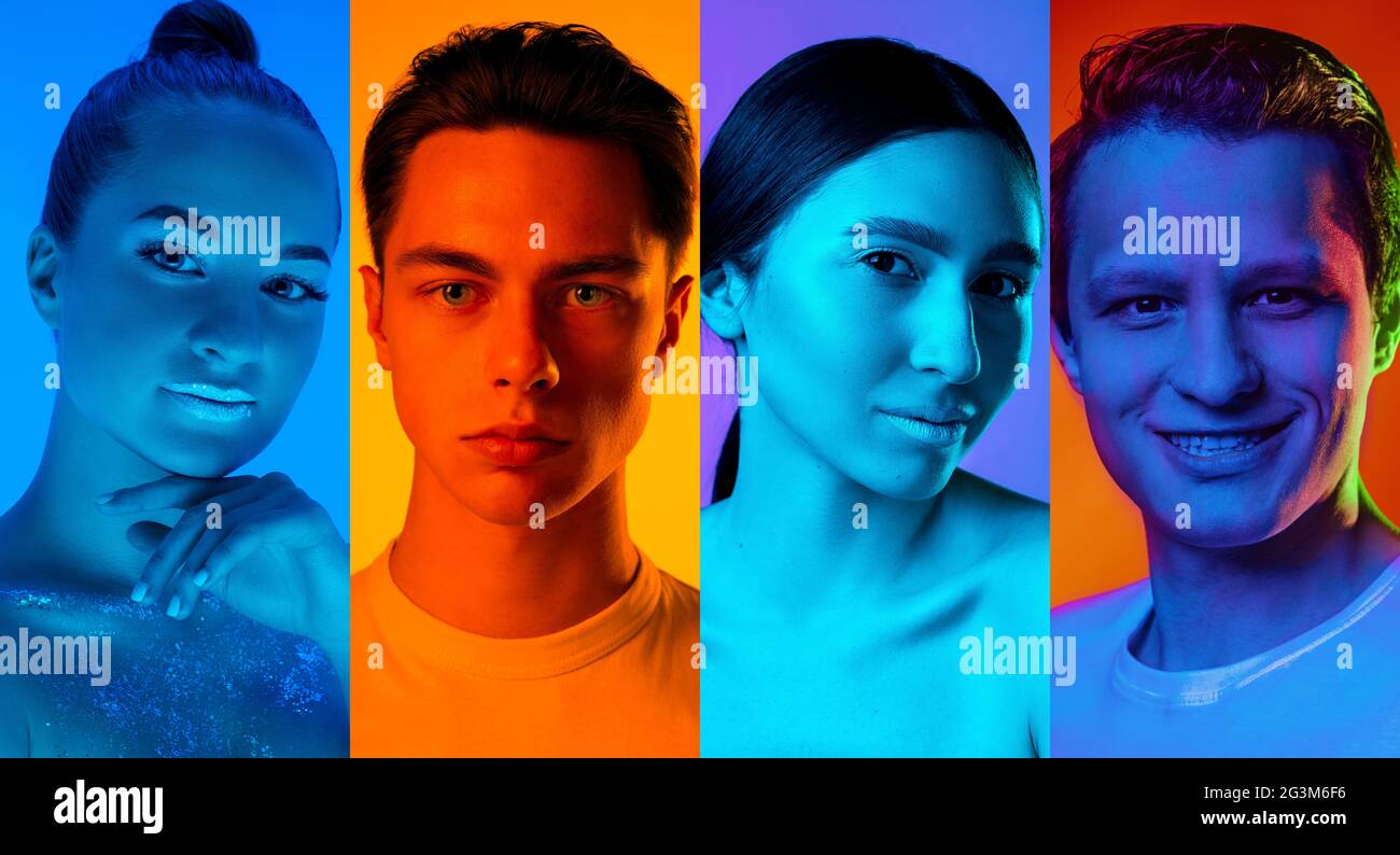 Portraits of group of people on multicolored background in neon light ...