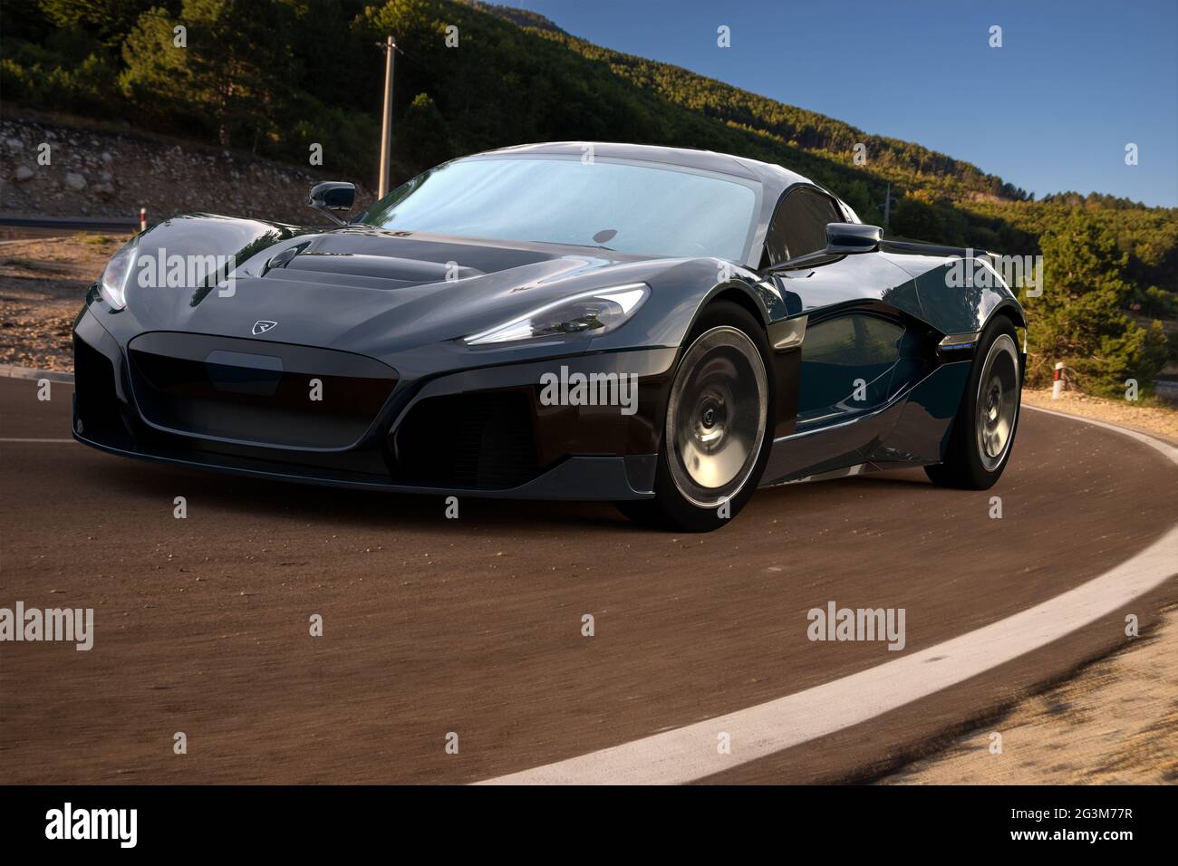 Rimac Two's electric hyper car taking the corner at high speed Stock ...