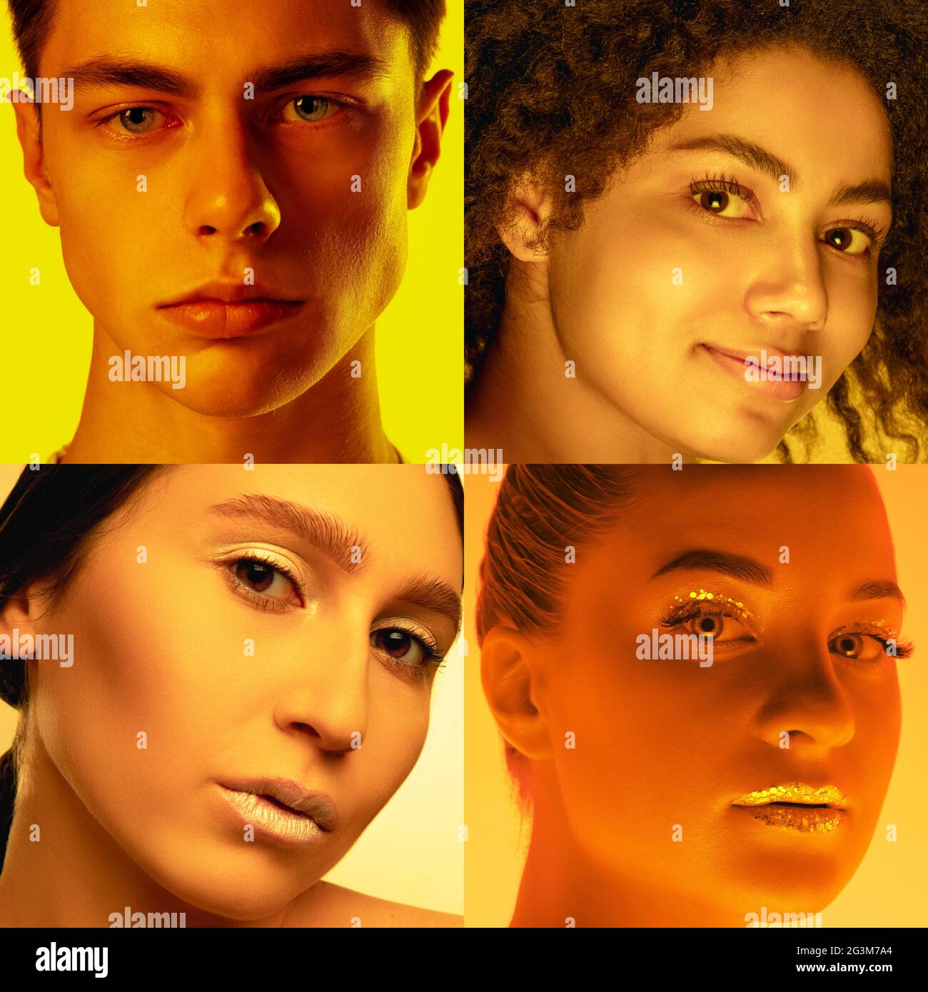 Portraits of group of people on multicolored background in neon light ...