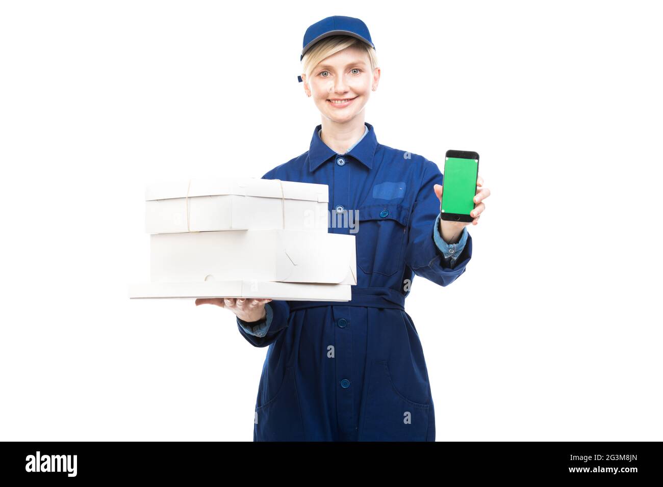 Horizontal medium portrait of modern beautiful Caucasian postal worker ...