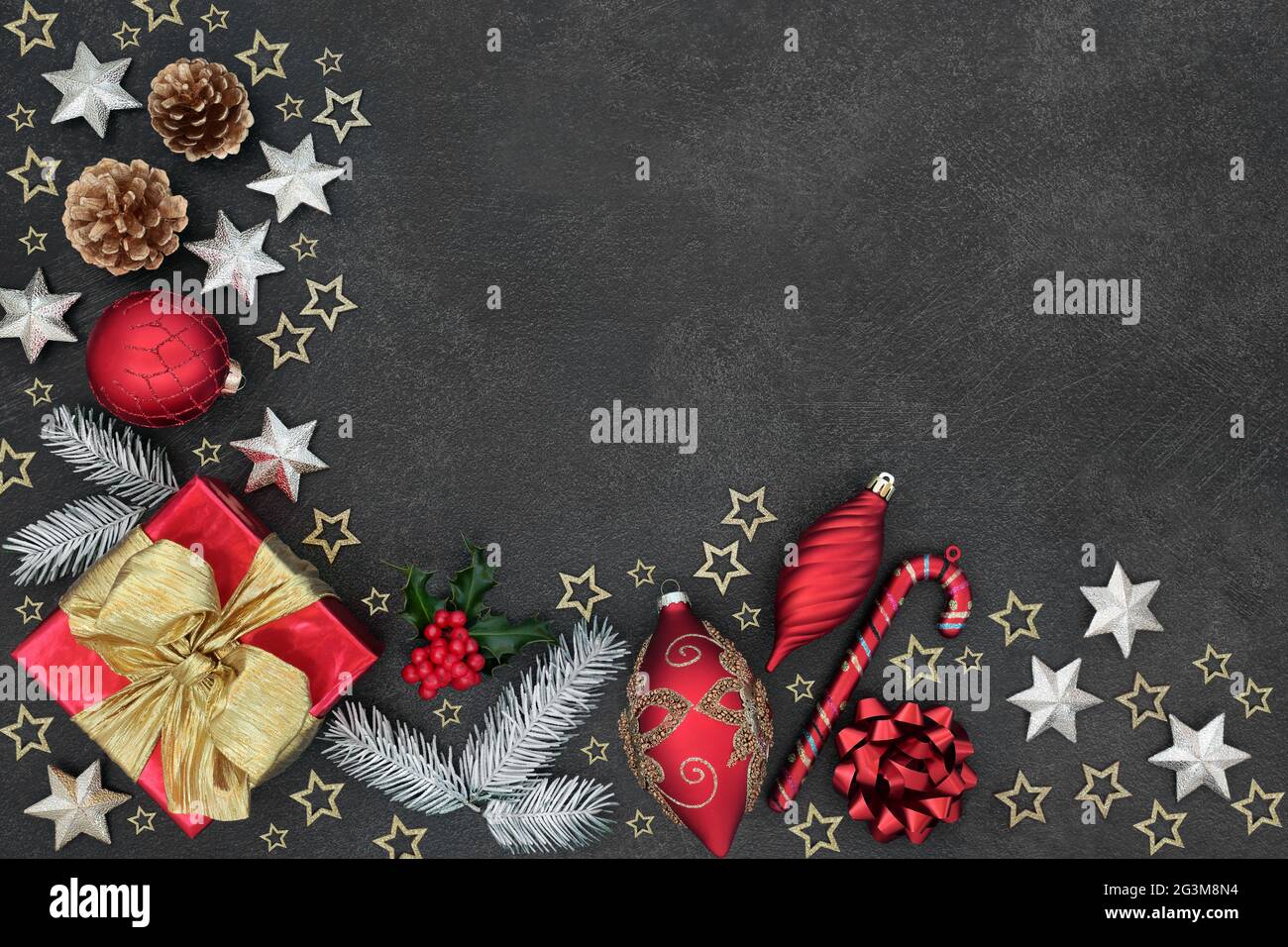 Abstract festive Christmas background with gift box, bauble decorations ...