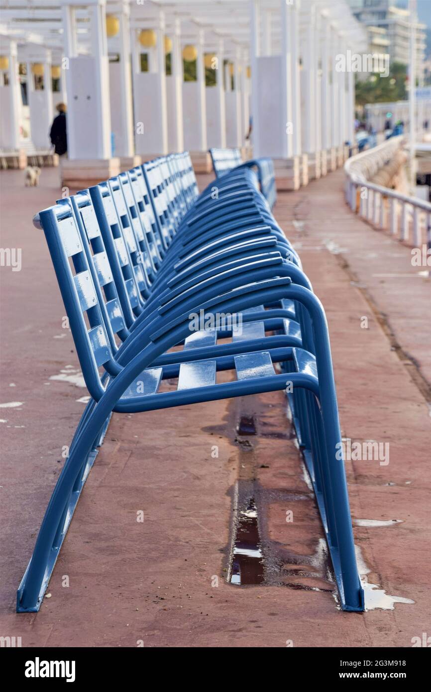 Blue chairs on Promenade des Anglais, Nice, South of France, 2019 ...