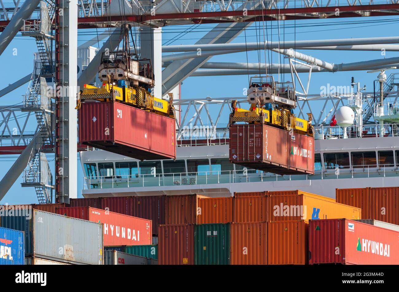 Container ship loading operations at the Port of Southampton - March ...