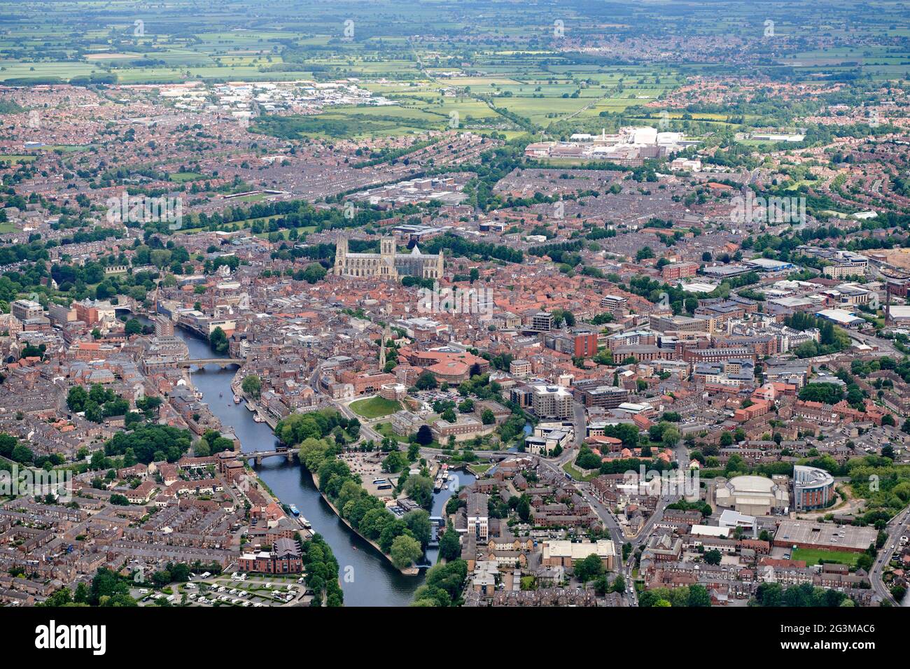 An aerial view of the the river Ouse and the city centre of York, North ...