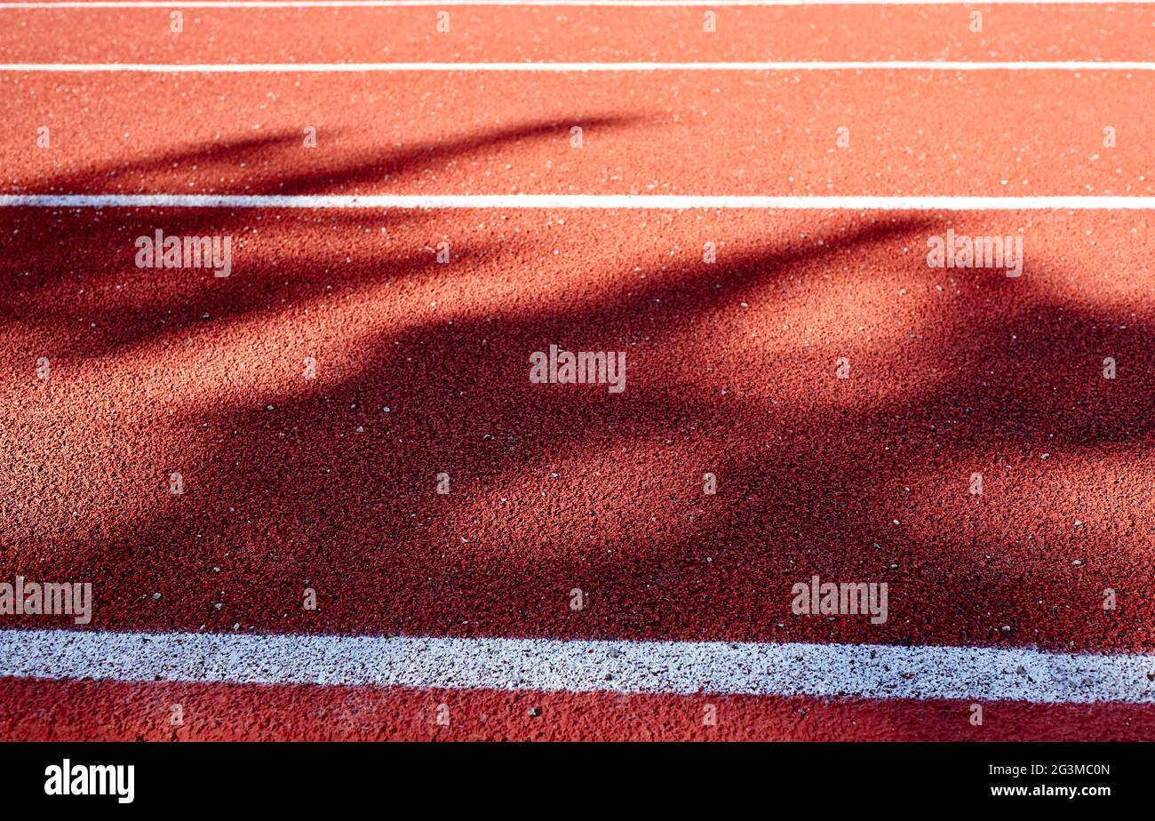 Red treadmill on sport field. Running track on the stadium Stock Photo ...