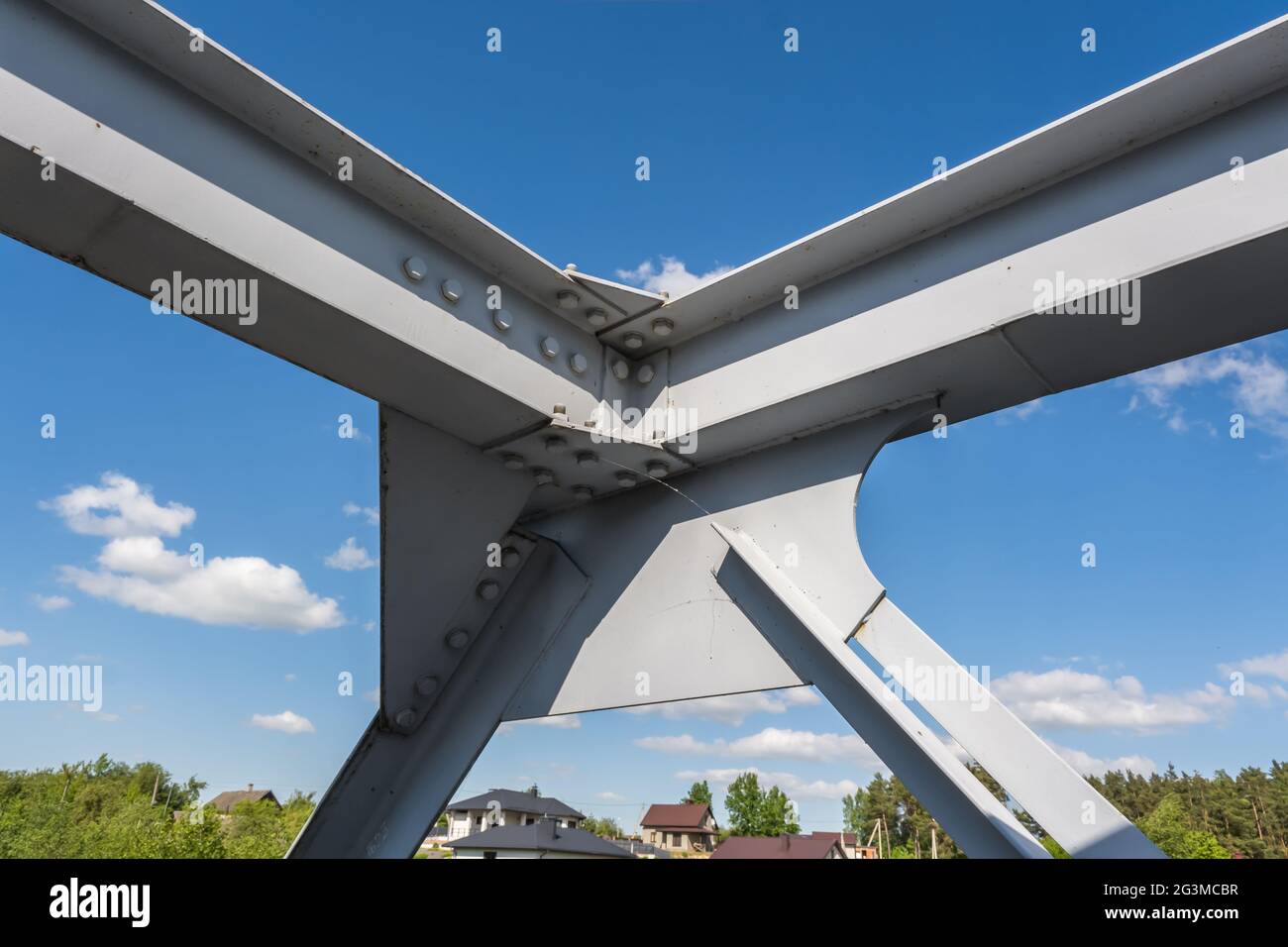 iron steel frame construction of bridge on blue sky background. bridge ...
