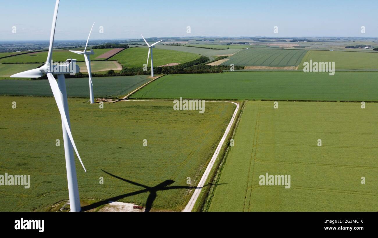 Aerial view of wind turbines at Sancton Hill Wind Farm, East Riding of ...