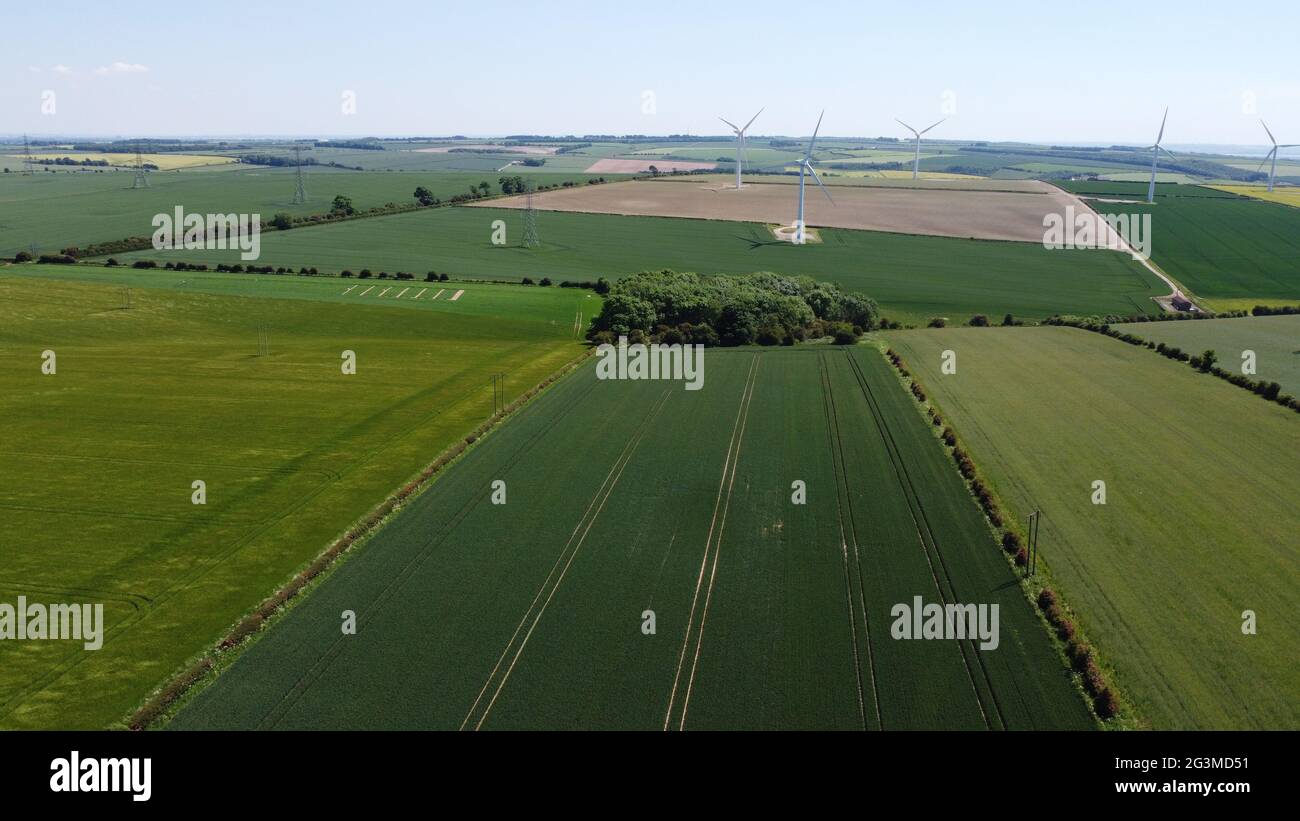 Aerial view of wind turbines at Sancton Hill Wind Farm, East Riding of ...