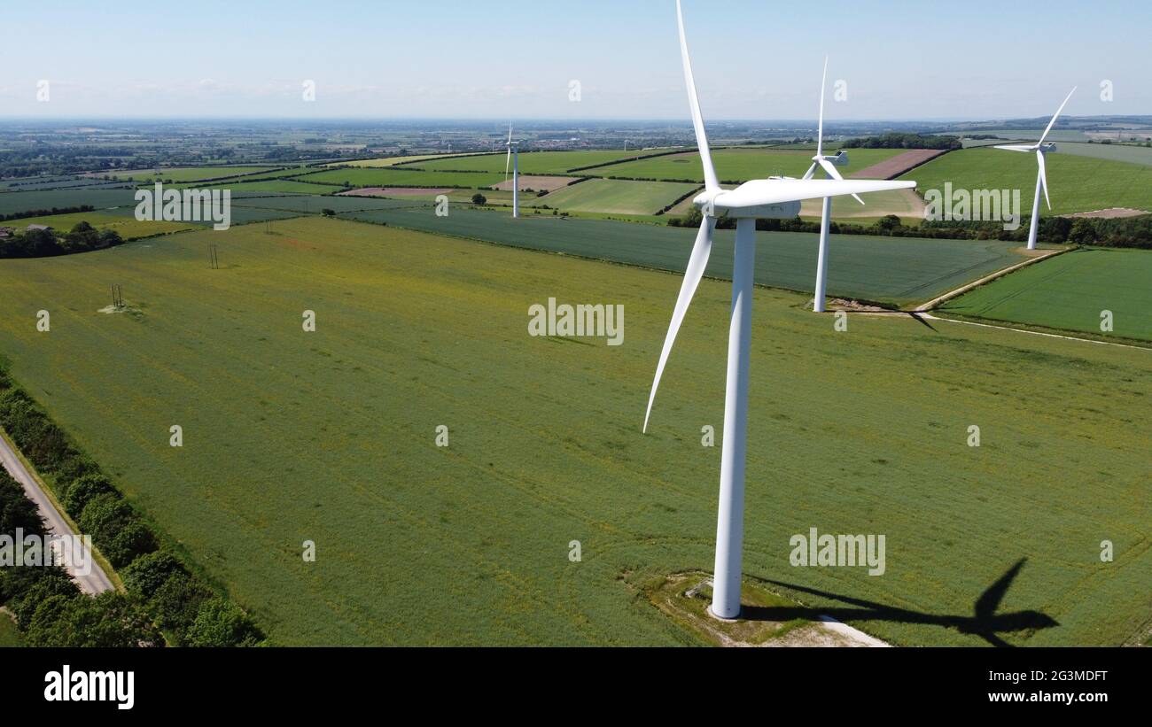 Aerial view of wind turbines at Sancton Hill Wind Farm, East Riding of ...