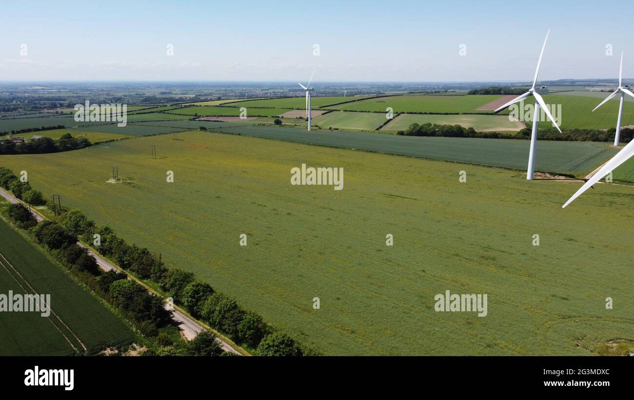 Aerial view of wind turbines at Sancton Hill Wind Farm, East Riding of ...