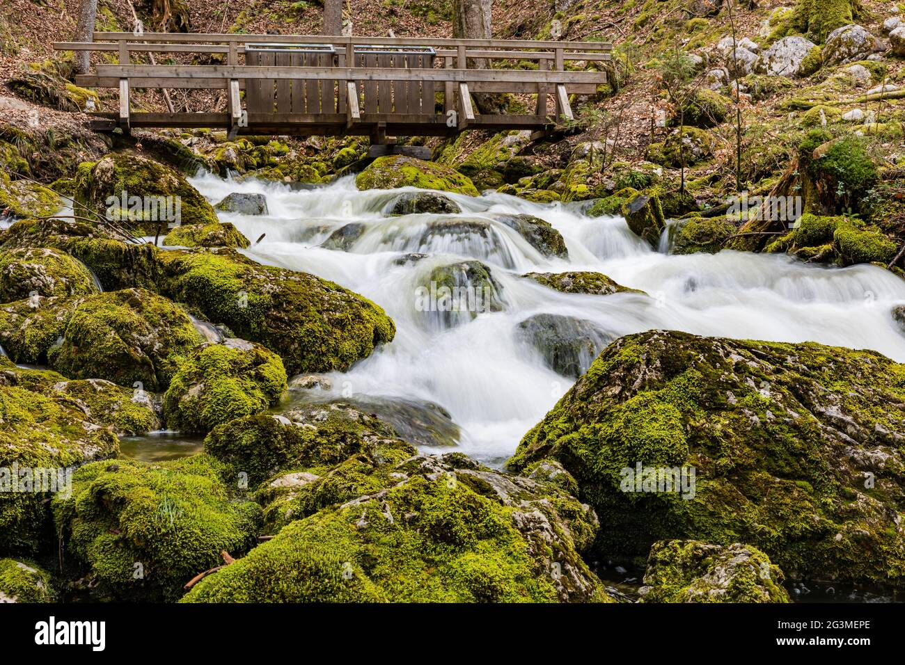 View of fast water streaming through mossy rocks Stock Photo - Alamy