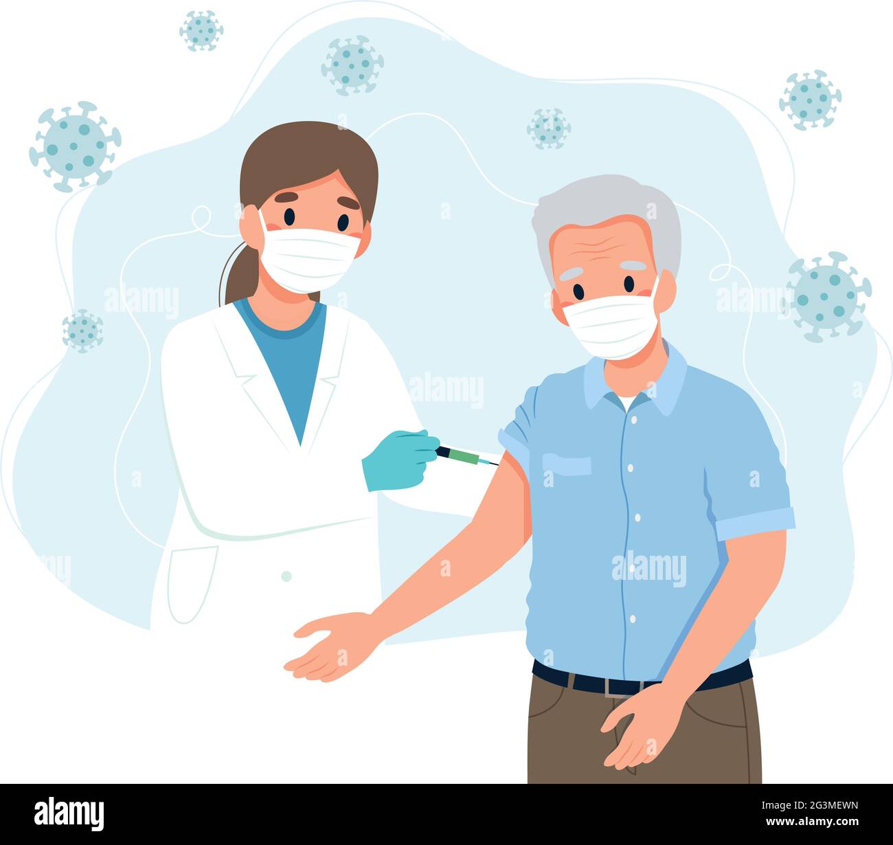 Vaccination for the elderly, senior man and a doctor with a syringe ...