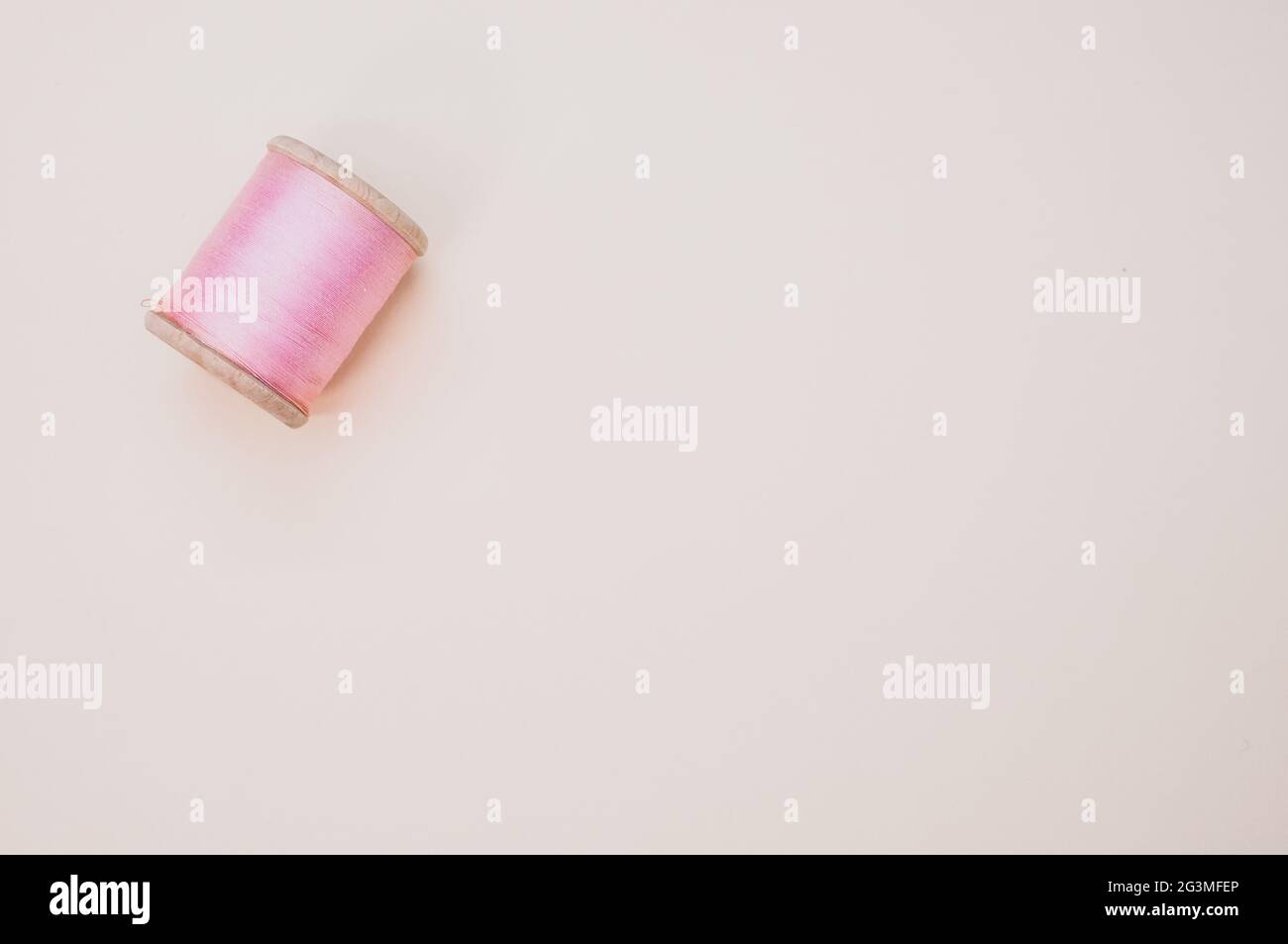 Pink sewing thread isolated on a light background with free space for ...