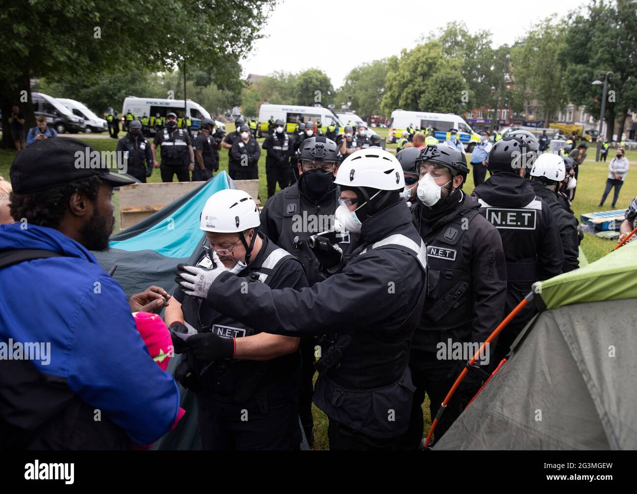 London, UK. 17th June, 2021. Police and enforcement officers try to ...
