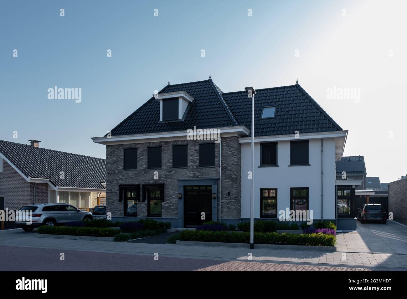 Dutch Suburban area with modern family houses, newly build modern ...