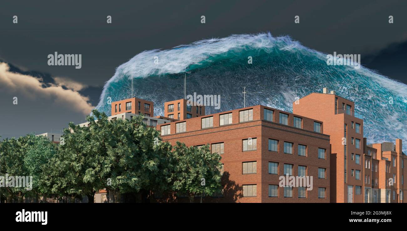 3D illustration tsunami wave apocalyptic water view urban flood Storm ...