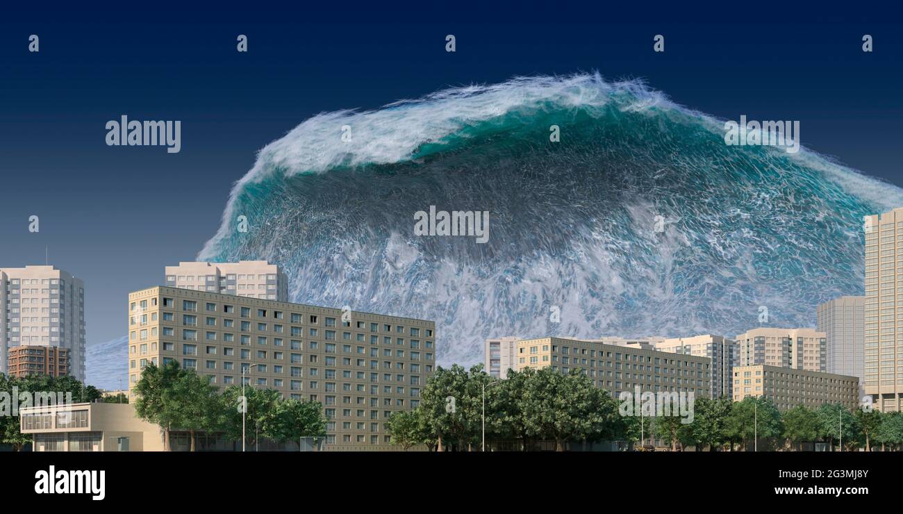 3D illustration tsunami wave apocalyptic water view urban flood Storm ...