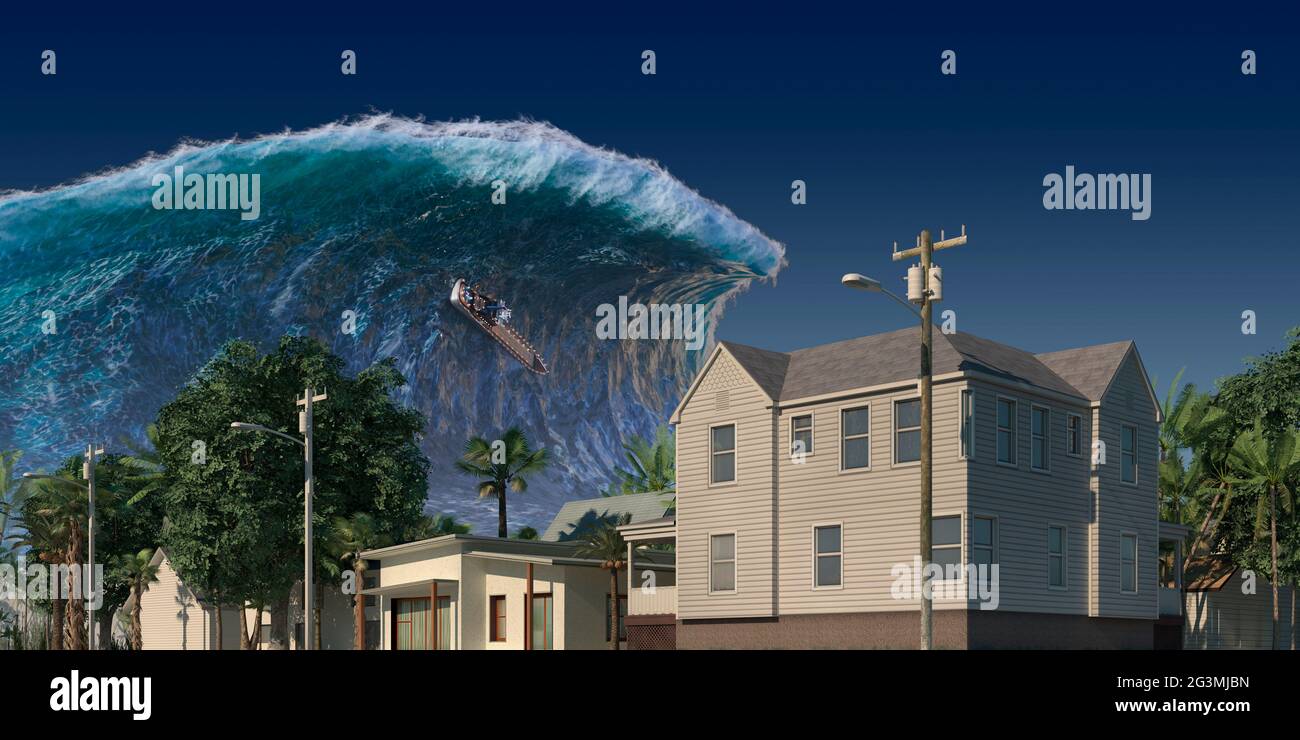 3D illustration tsunami wave apocalyptic water view urban flood Storm ...