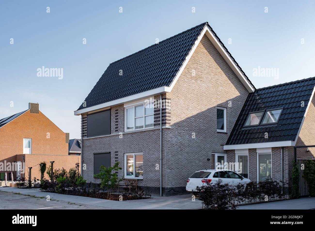 Dutch Suburban area with modern family houses, newly build modern ...