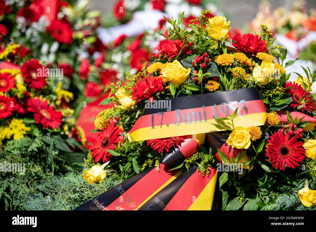 Berlin, Germany. 17th June, 2021. A funeral wreath lies on the ground ...
