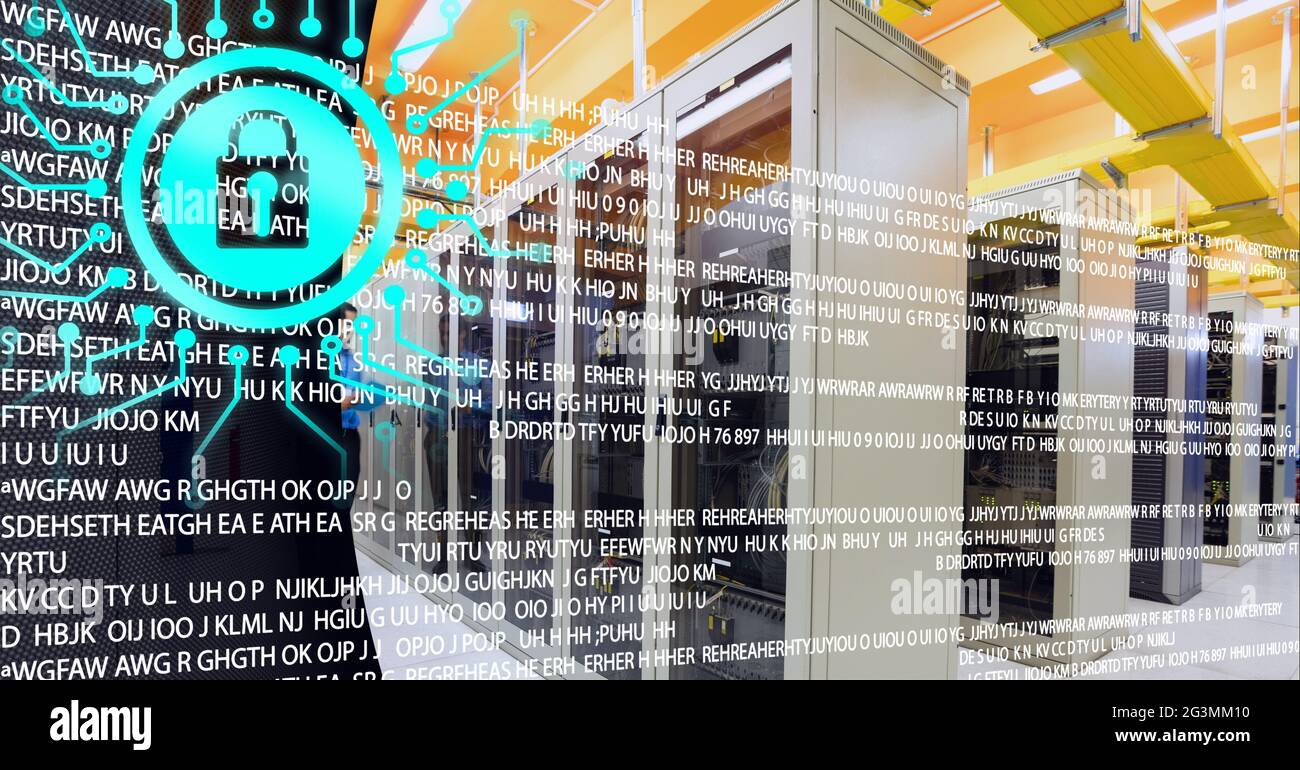Security padlock icon and data processing over server room against black technology background ...