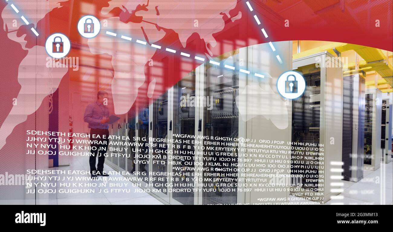 Security padlock icon and data processing over server room against red ...