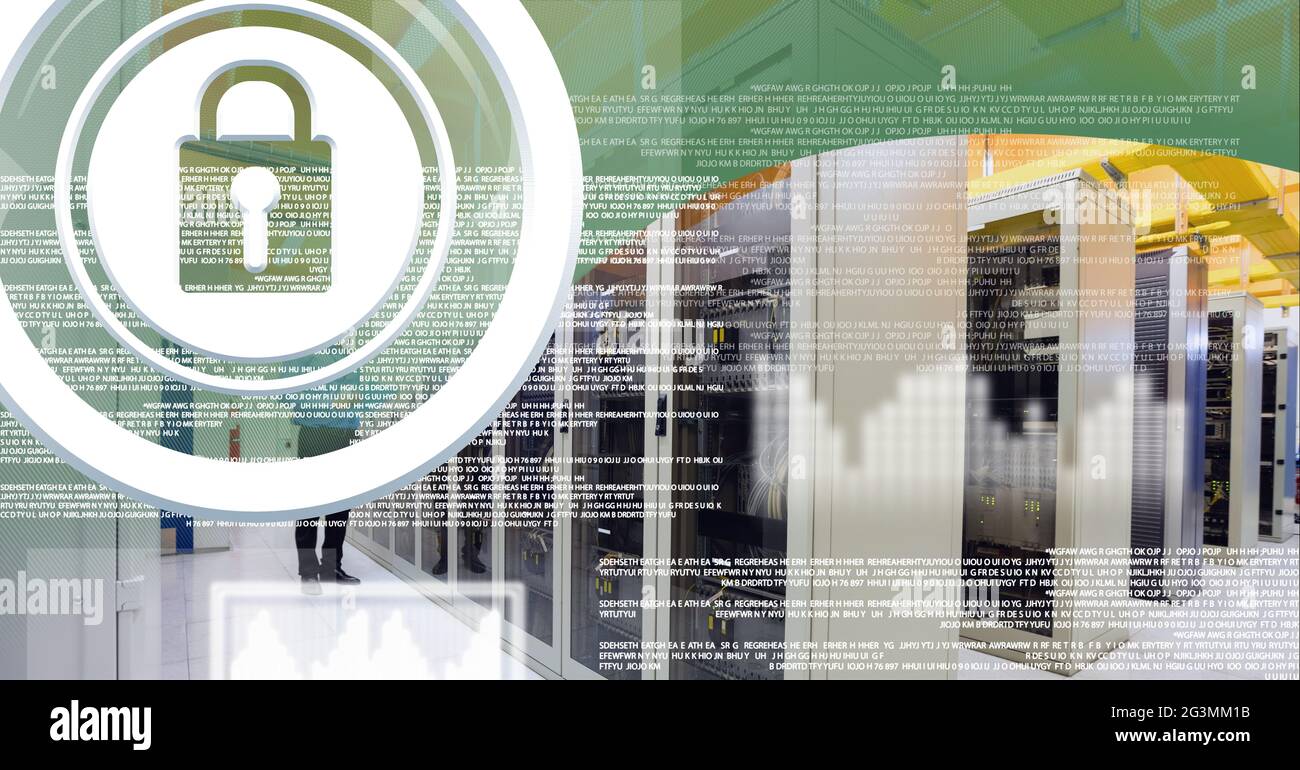 Security padlock icon and data processing over server room against green technology background ...