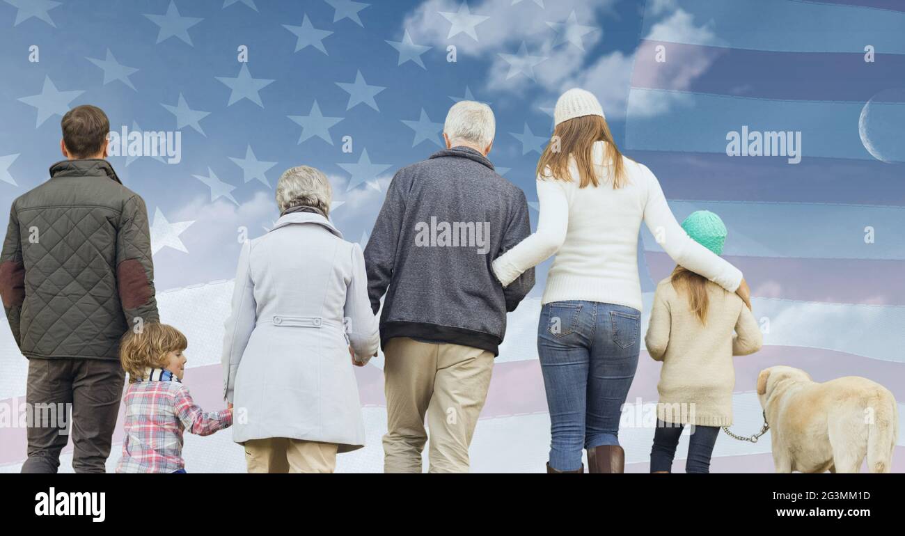 Composition of three generation family against american flag Stock ...