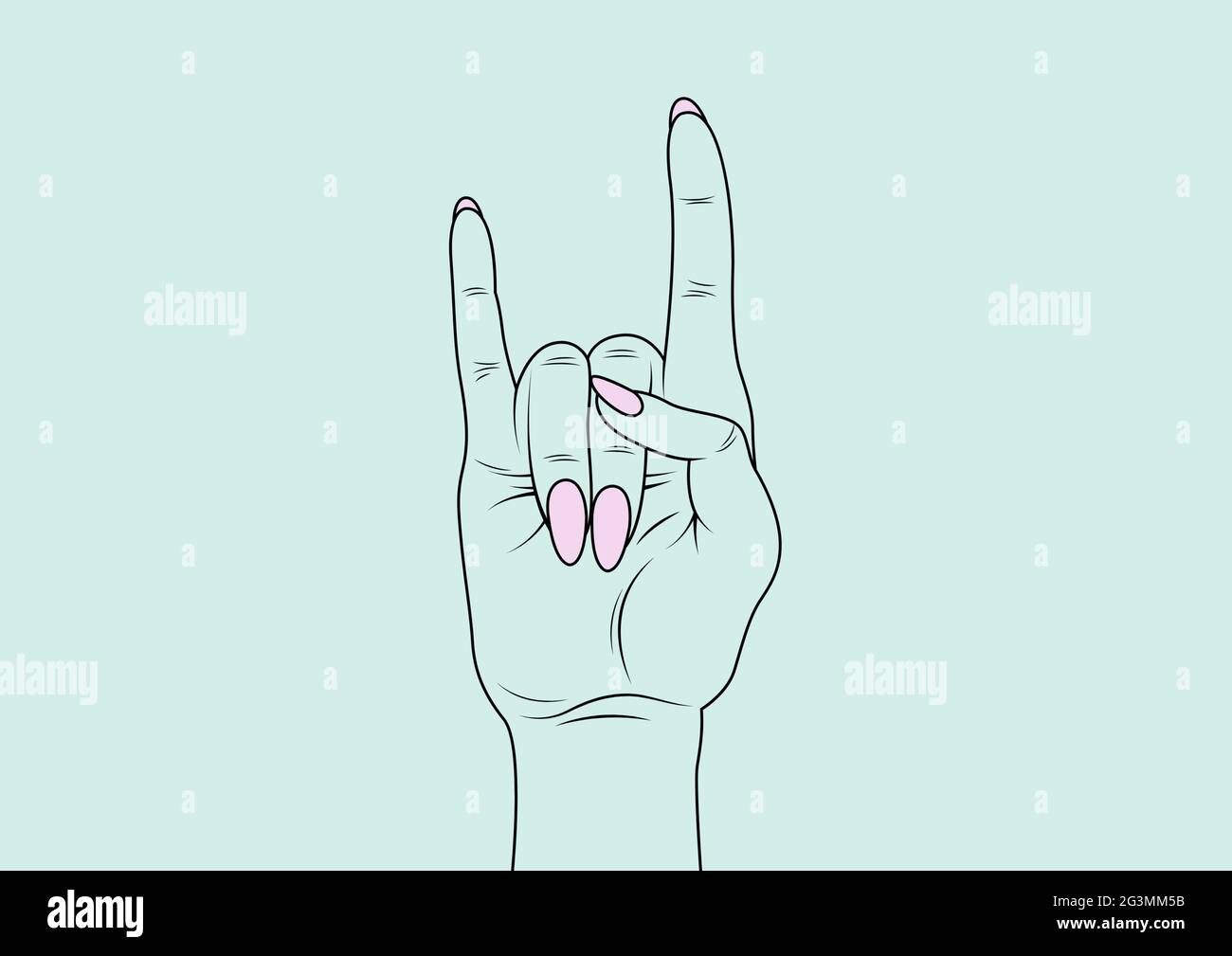 Composition of black outline hand making rock hand gesture, on blue ...