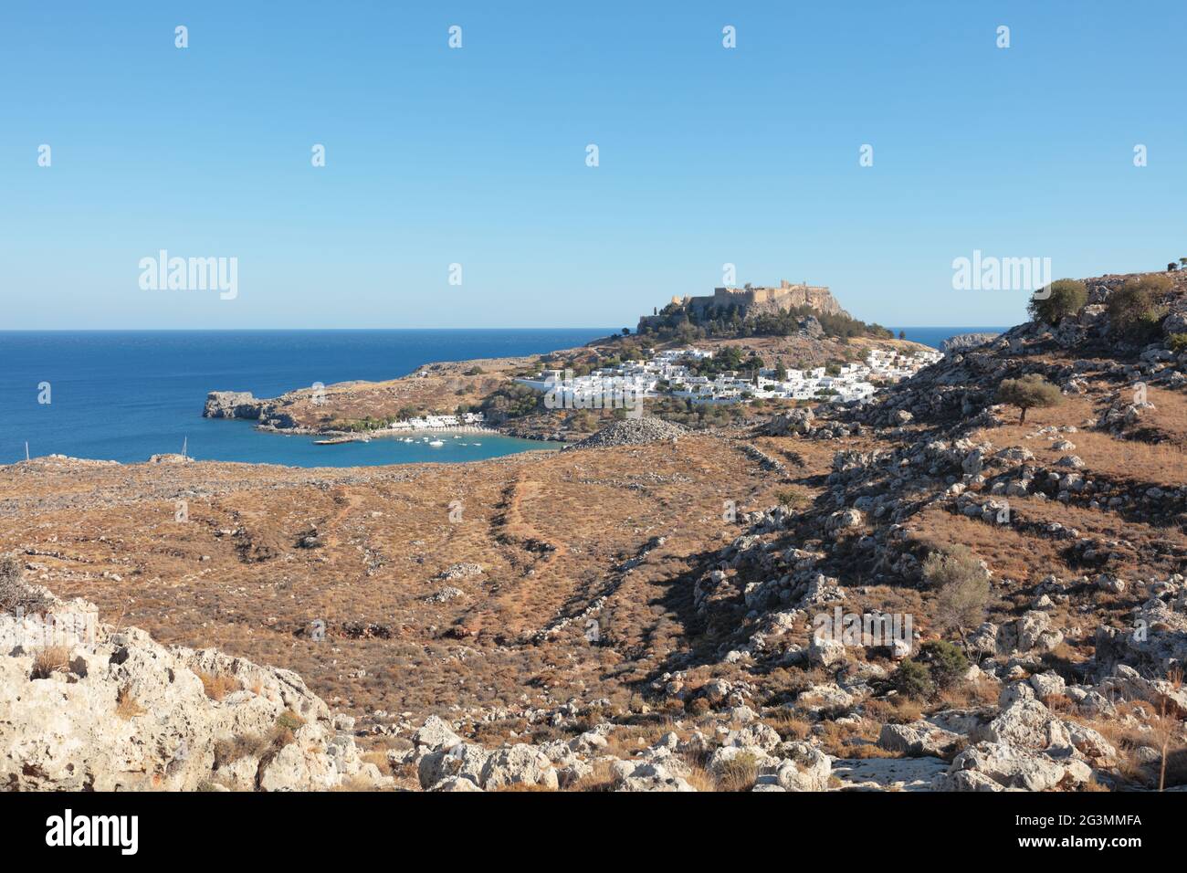 Cityscape of Lindos, Rhodes island, Greece with the bay and the old ...