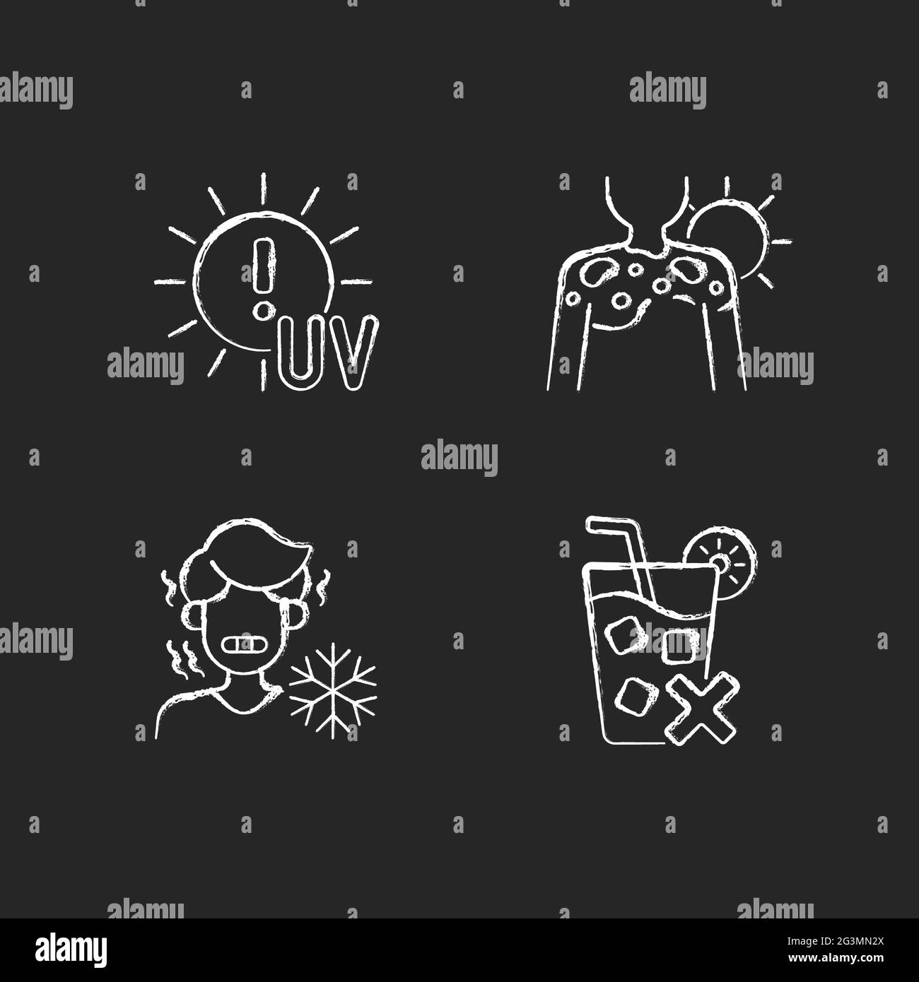 Sunburn risk chalk white icons set on dark background Stock Vector ...