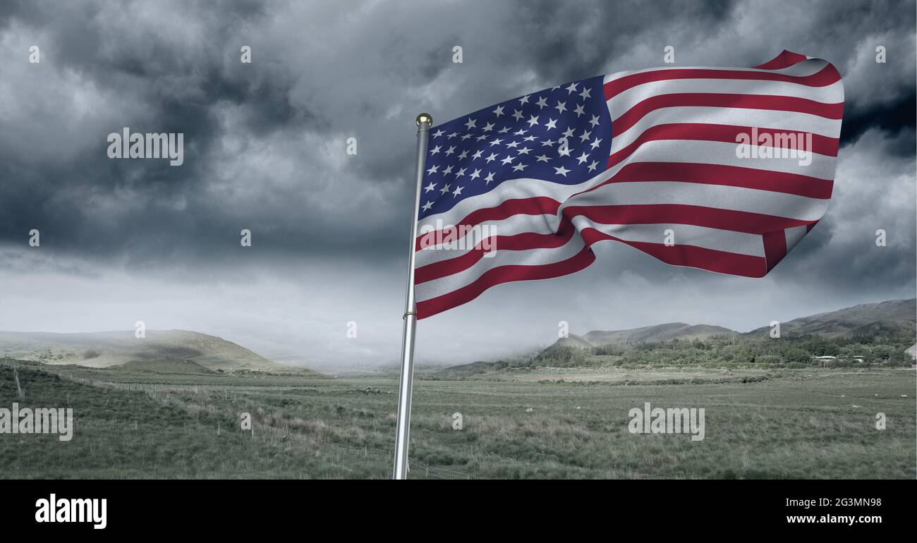 Composition of waving american flag against stormy sky and countryside ...