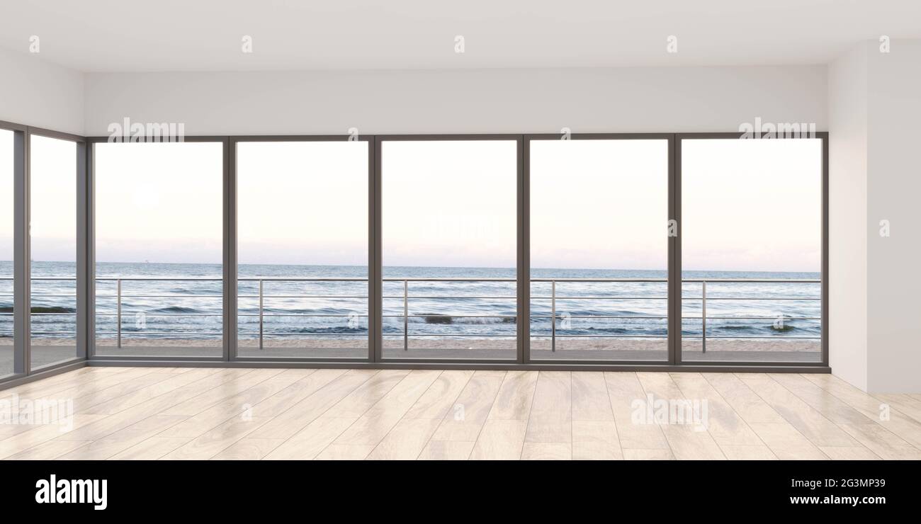 empty sea view living room with wooden floor and empty white wall ...