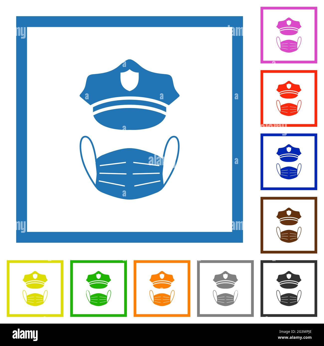 Police hat and medical face mask flat color icons in square frames on ...