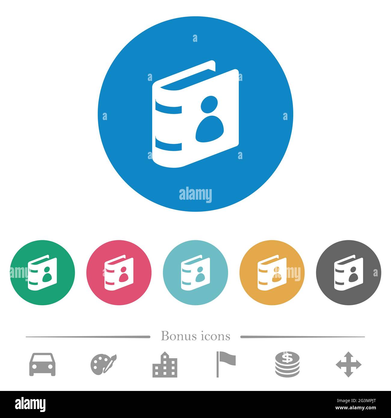 User guide flat white icons on round color backgrounds. 6 bonus icons ...