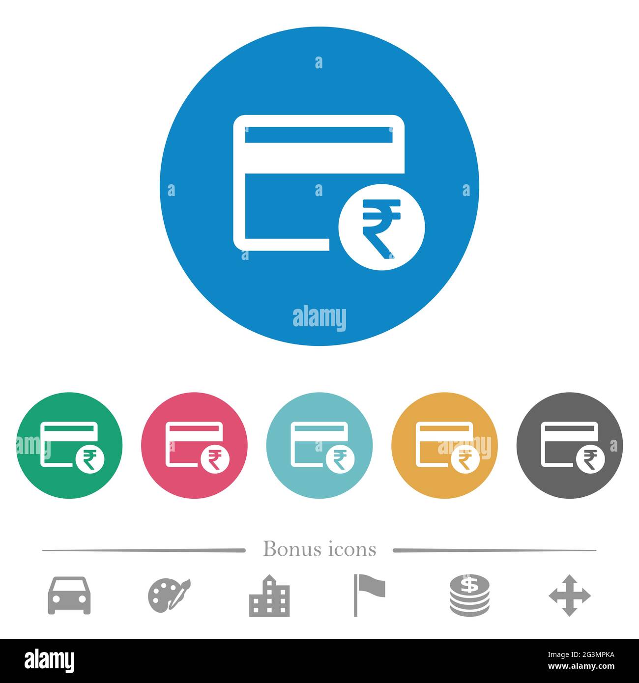 Rupee credit card flat white icons on round color backgrounds. 6 bonus ...