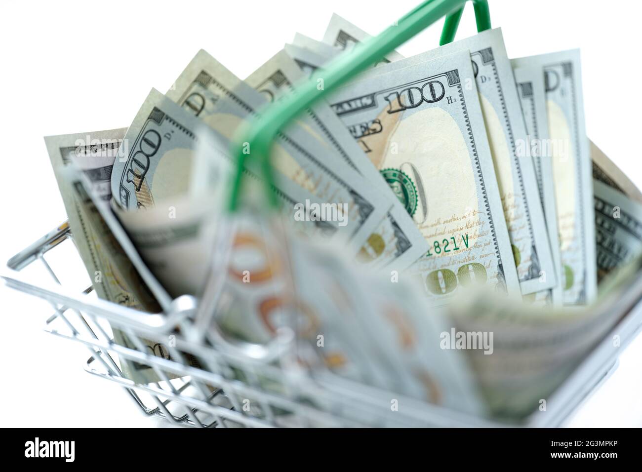 Supermarket basket with dollar banknotes on white background Stock ...